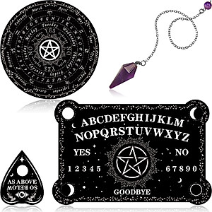 Threan Pendulum Dowsing Divination Board with Amethyst Set Metaphysical Message Crystal Pendulum Necklace Wooden Spirit Board Talking Board with Planchette for Wiccan Supply(Star Style)