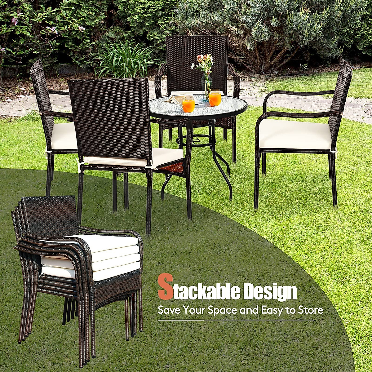 HAPPYGRILL 4 Pack Stackable Rattan Chairs Outdoor Patio Dining Chairs with Removable Cushions and Rustproof Steel Frame All-Weather PE Wicker Stacking Bistro Chairs for Balcony Garden Backyard