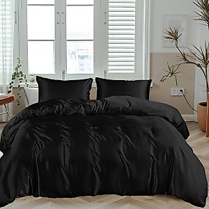 Linenwalas Tencel Lyocell Duvet Cover Set with Deep Pocket Fitted Sheet, Viscose Made from Eucalyptus Soft, Lightweight and Breathable Complete Halloween Black Bedding Set (Jet Black,California King)