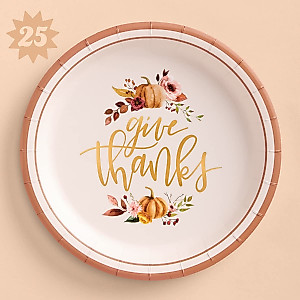 xo, Fetti Thanksgiving Gold Foil Plates - 25 count | Give Thanks Decorations, 9" Dinner Plate, Autumn Leaves, Pumpkins, Fall Table Decor
