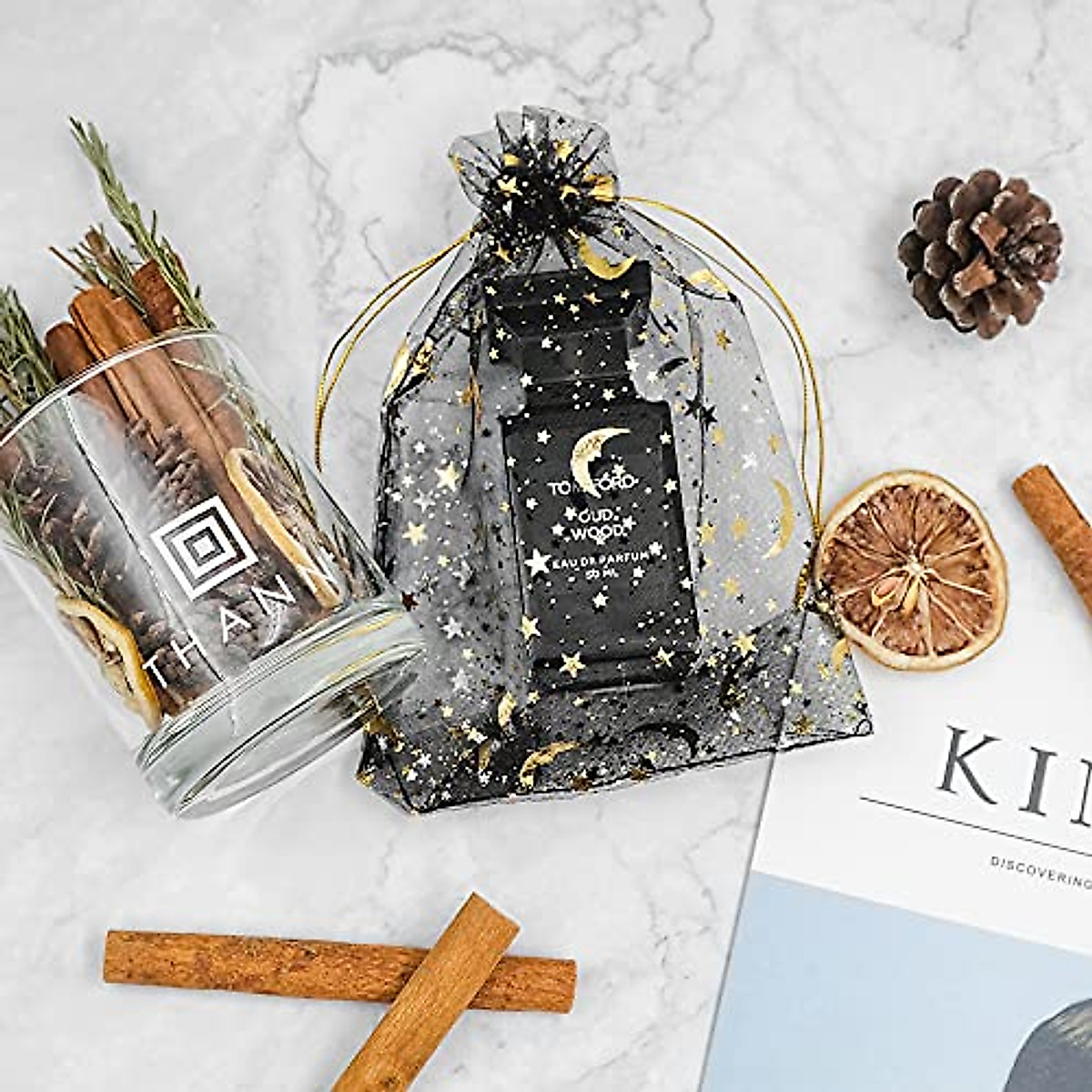 souG Organza Gifts Bags, 5x7 100Pcs Sheer Organza Drawstring Pouches Stars and Moon Wedding Party Favor Jewelry Candy Gift Bags (White and Black).