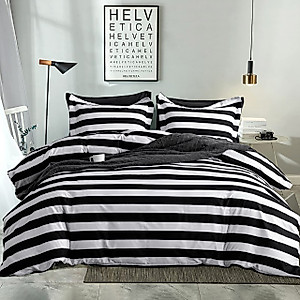 FLXXIE 3 Pieces Microfiber King Duvet Cover Set, Black and White Striped Printed Comforter Cover with Zipper Closure and Corner Ties, 1 Duvet Cover (104x90 Inches) and 2 Pillow Shams