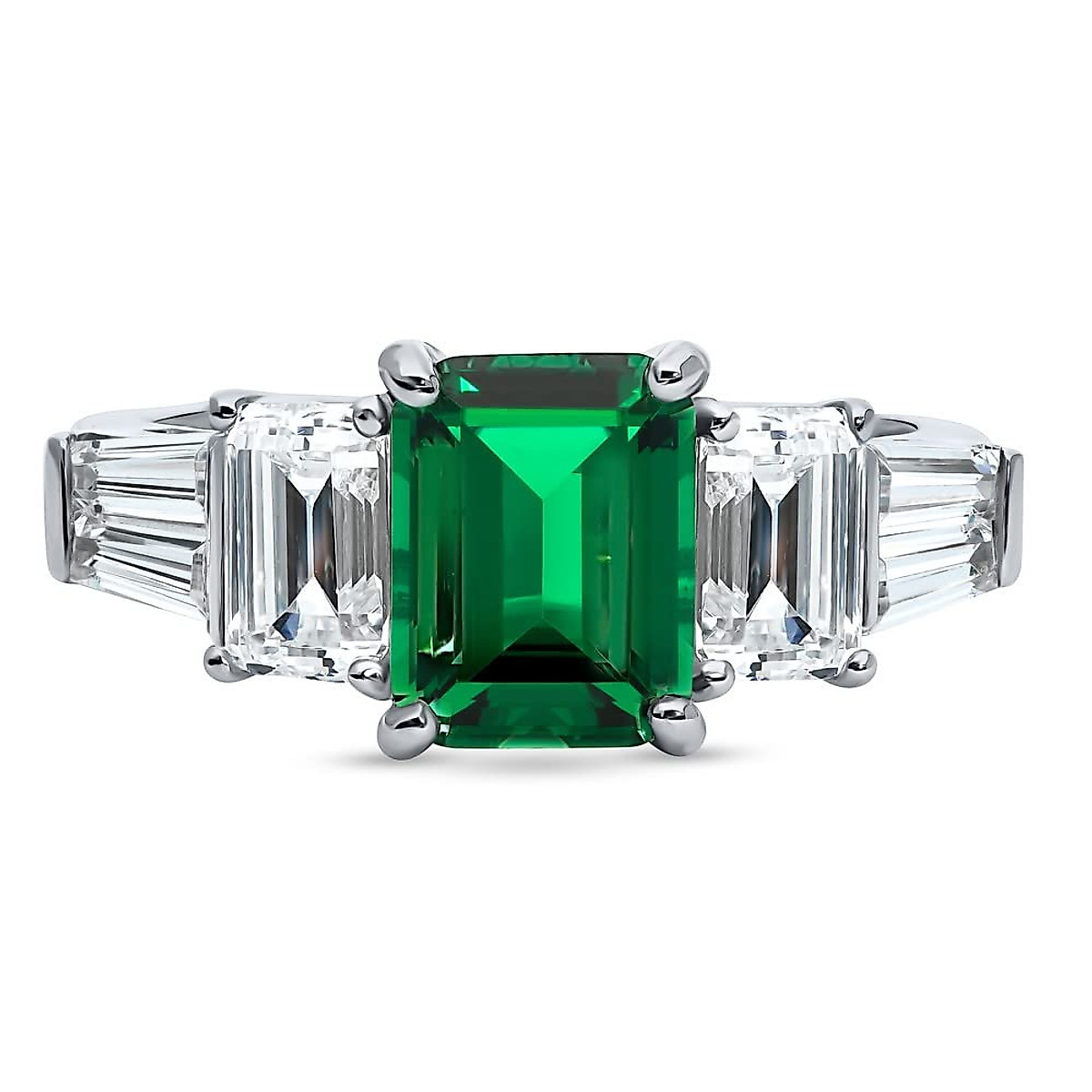BERRICLE Sterling Silver 3-Stone Wedding Engagement Rings Simulated Emerald Cubic Zirconia CZ Cocktail Anniversary Ring for Women, Rhodium Plated Size 6