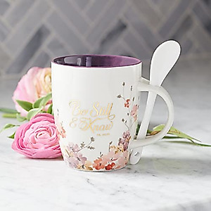 Christian Art Gifts Coffee and Tea Scripture Mug with Ceramic Spoon Set for Women: Be Still and Know - Psalm 46:10 Inspirational Bible Verse Message Hot & Cold Beverage, Purple/White Floral, 12 oz.