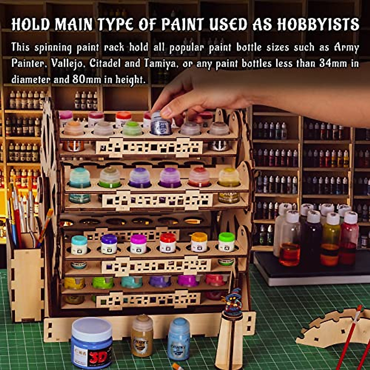 Rotating Carousel Paint Storage Rack Holds 48 Citadel/Vallejo/Army Painter Botlles Wooden Hobby & Craft Painting Station Organizer Caddy for D&D, Warhammer, Tabletop RPG Miniature, Model and Terrain