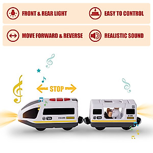 BRINJOY Battery Operated Train Set for Wooden Train Tracks, Powerful Engine Action Locomotive Train (Magnetic Connection) w/Sound for Boys & Girls, Bullet Toy Train Set for Toddlers Ages 3+, White