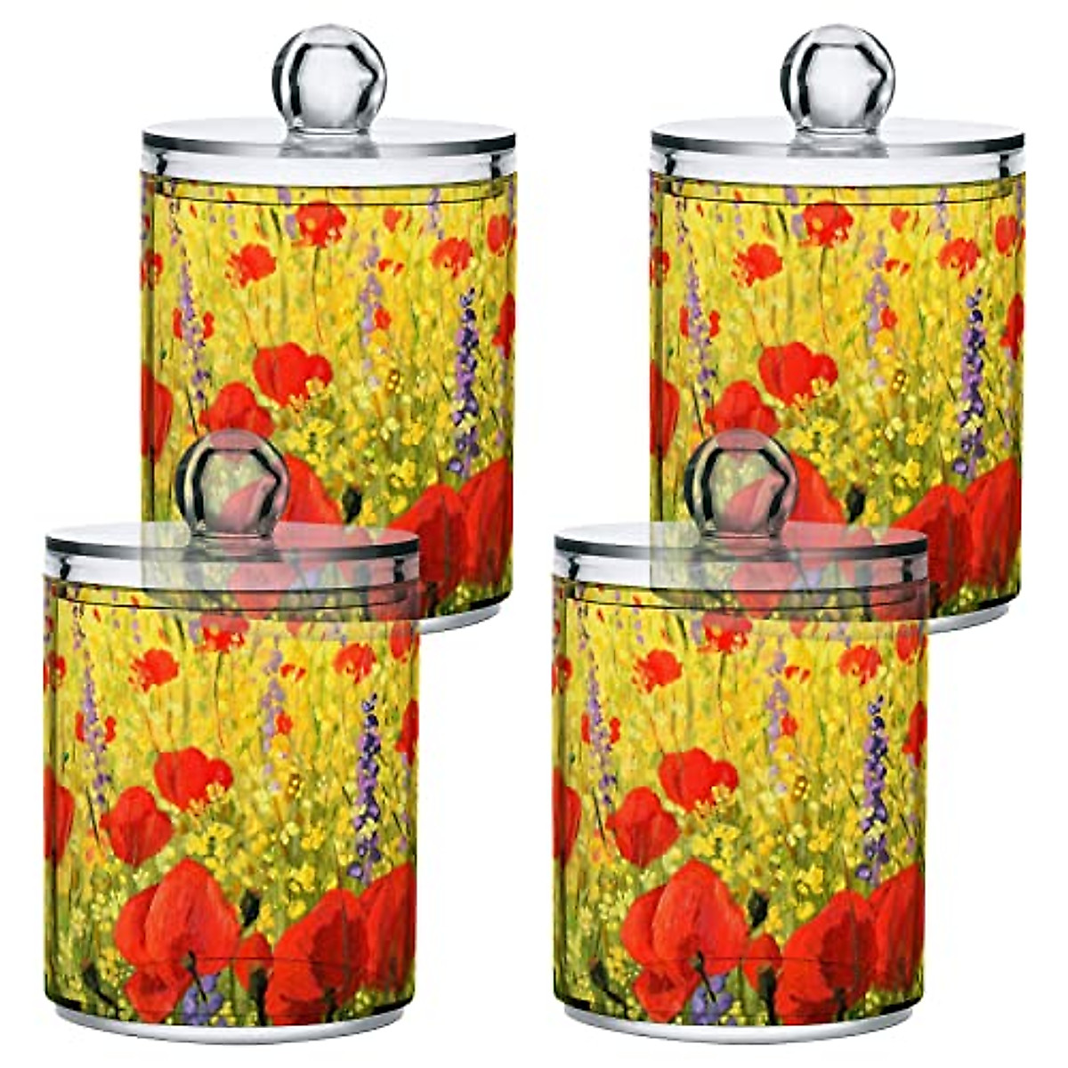 4 Pack Qtip Holder Dispenser Red Poppies and Yellow Flower Field Cotton Ball Cotton Swab Cotton Round Pads Floss Clear Bathroom Storage Containers Plastic Apothecary Jars with Lids