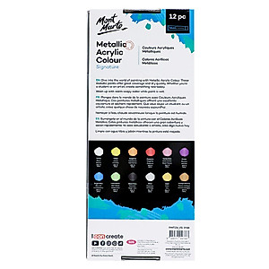 Mont Marte Premium Metallic Acrylic Paint Set, 12 x 1.02oz (36ml) Tubes, 12 Colors, Suitable for Most Surfaces Including Canvas, Card, Paper and Wood