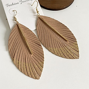 Handmade Bohemian Lightweight Soft Genuine Leather Feather Leaf Dangle Drop Earring Sparkle Real Leather Large Leaf Hook Earrings With Simple Drop Metal Bar for Women Statement Jewelry Gifts (Khaki)