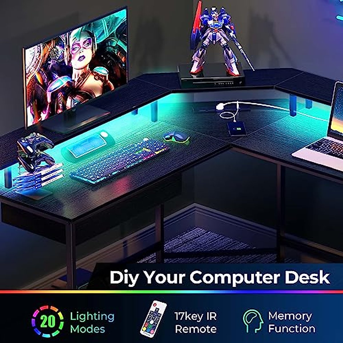 Rolanstar L Shaped Gaming Desk with Drawer, 55.1" Reversible Computer Desk with Power Outlets & LED Lights, Home Office Desk with Monitor Stand & Storage Shelf, Corner Desk with Hooks Black