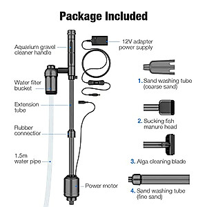 AKKEE Electric Aquarium Gravel Cleaner Vacuum, Fish Tank Cleaner 6 in 1 Automatic Water Changer Filter for Washing Sand Removable Siphon Vacuum Gravel Cleaner 18W IP68 Waterproof Safer Black Style