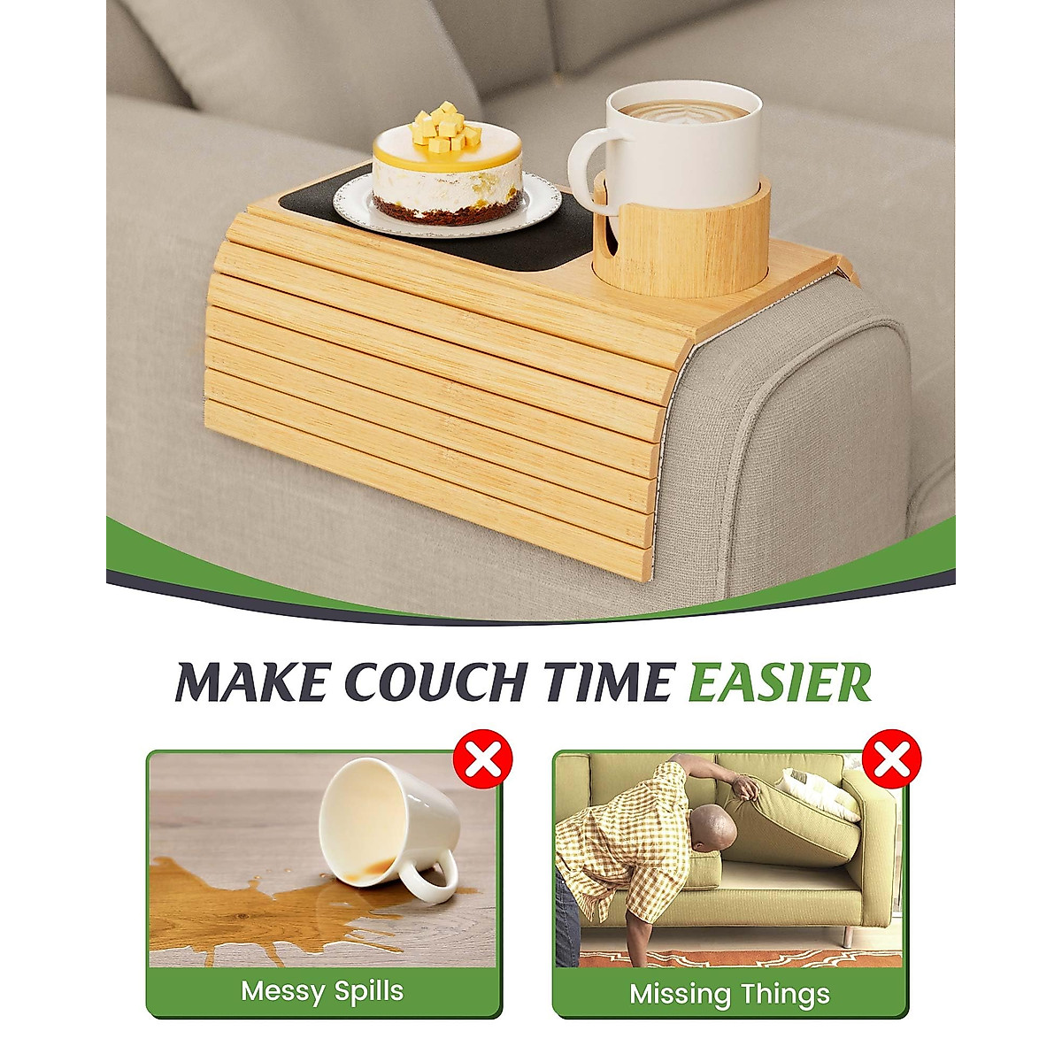 BS-VOG Couch Cup Holder, Bamboo Couch Arm Tray with 360° Rotating Drink Holder, Foldable Anti-slip Couch Arm Table, Sofa Armrest Tray Clip on Wide Couches for Eating, Snacks, Remote, No Installation