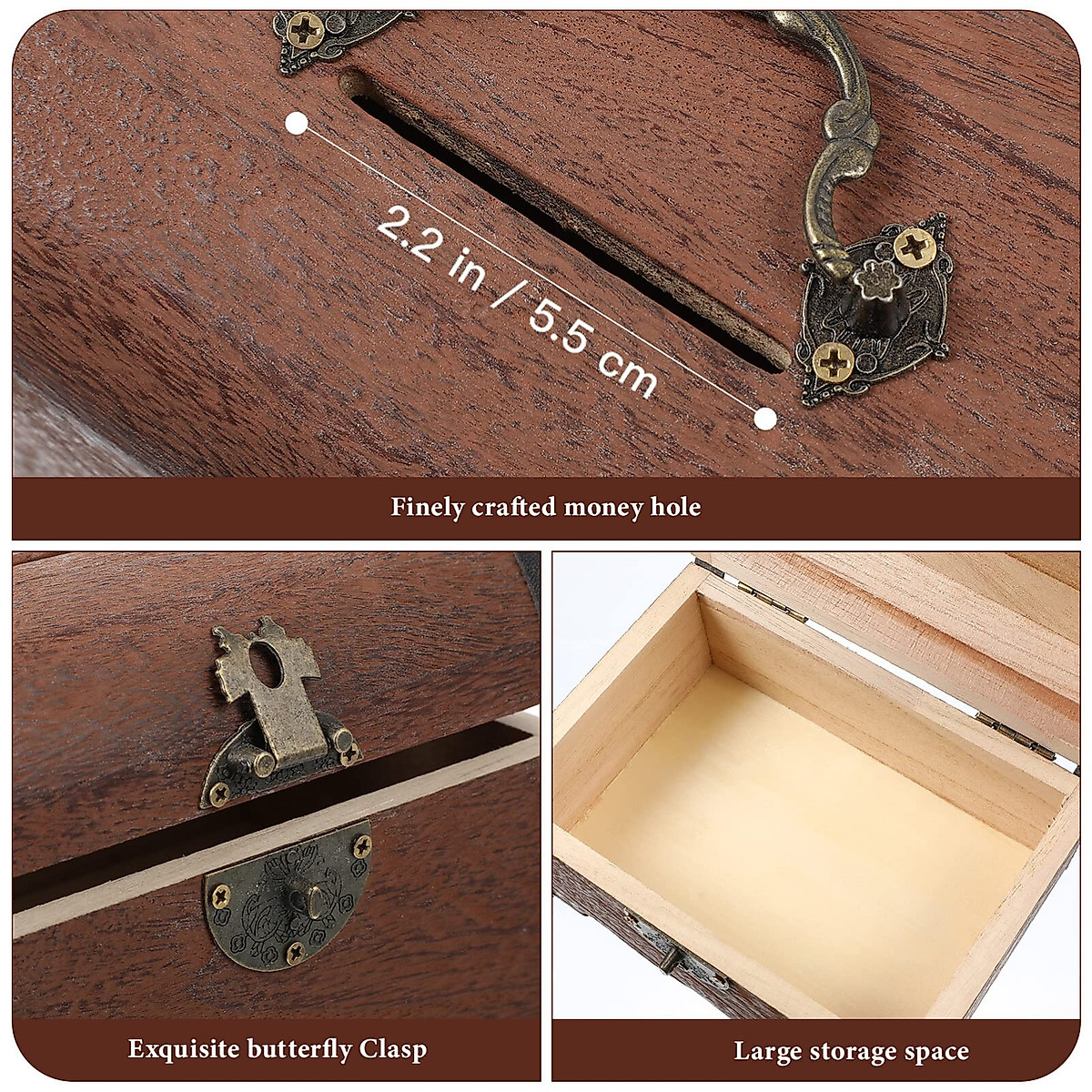 VICASKY Wooden Treasure Chest Box, Vintage Wooden Treasure Chest, Retro Wooden Treasure Chest Storage Box, Wood Treasure Organizer Coin Box Piggy Bank with Lock & Keys