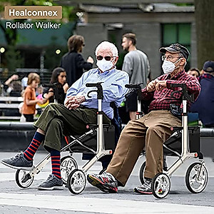 Healconnex Luxury Rollator Walkers for Seniors-Bulit-in Cable Rollator Walker with Seat, 10"Large Wheels,Aluminium Lightweight Senior Walker with Soft Rubber Handle,Padded Seat and Backrest