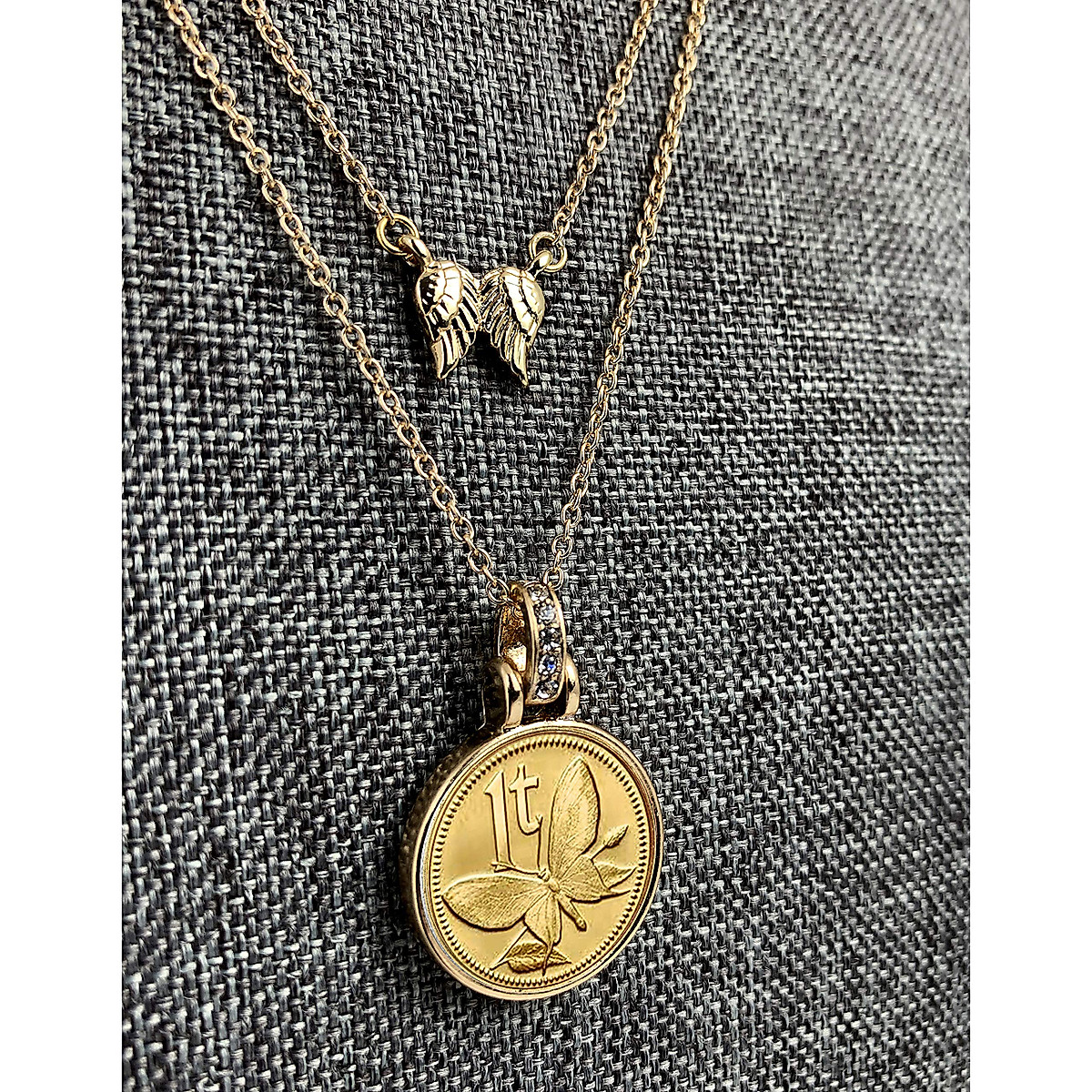 Coin Necklace Angel Wings Double Cable Chain– Genuine Butterfly One Toea | Goldtone 18” and 16” Chain Lobster Claw Clasp | Certificate of Authenticity