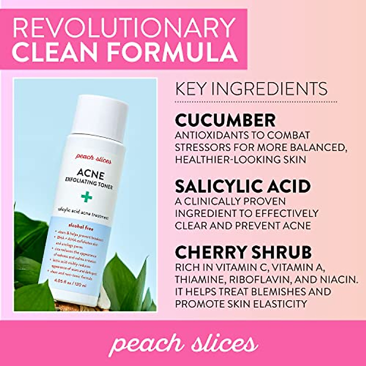 Peach Slices | Acne Exfoliating Toner | 2% Salicylic Acid | AHA+BHA Exfoliation | Facial Cleanser | Calms & Soothes | Prevents Breakouts | Alcohol & Sulfate Free | Skin Care for Women & Men | 4 Oz