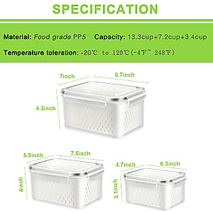 TBMax Fruit Storage Containers for Fridge - 3 Pack Large Produce Saver Containers Fridge Organizers with Airtight Lid & Colander, Vegetable Storage Lettuce Keepers Berry Containers for Refrigerator
