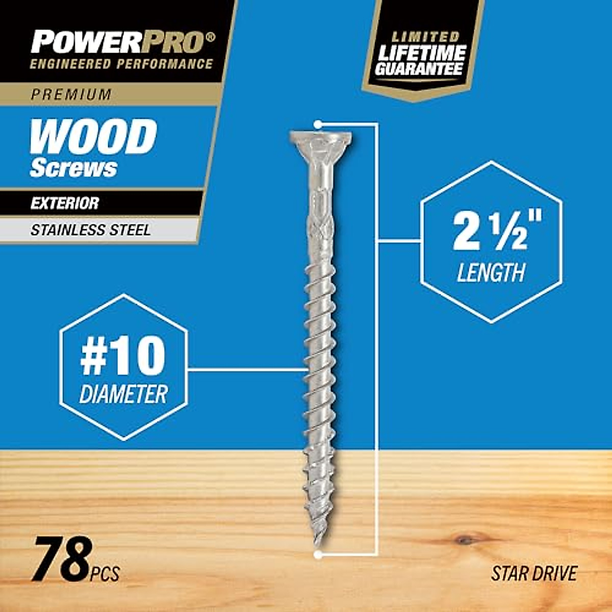 Power Pro Premium 305 Stainless Steel Wood Screws (#10 x 2-1/2") - 1lb Box