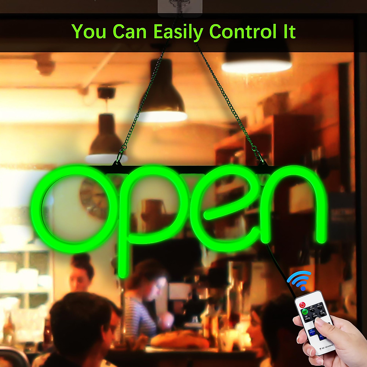 Led Open Signs for Business, 16 x 6 inch Open Sign, Neon Open Signs for Business, 8 Modes, Adjustable Brightness and Remote Control, 12 V / 2 A Power Supply (Green)