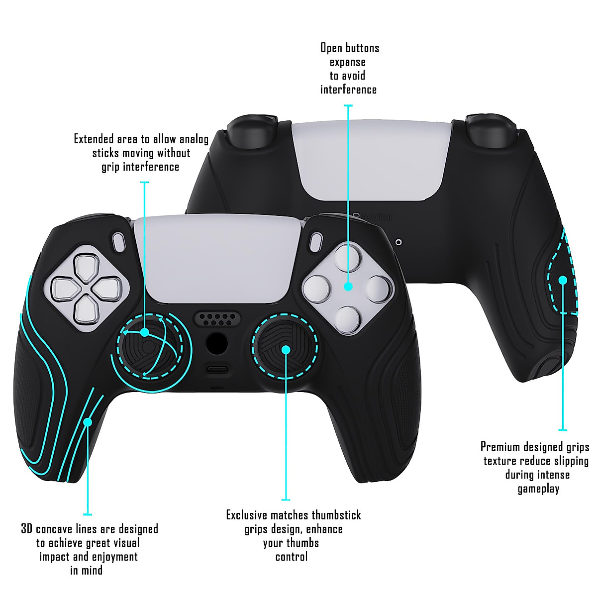 eXtremeRate PlayVital Samurai Edition Black Anti-Slip Controller Silicone Skin for ps5, Ergonomic Soft Rubber Protective Case for ps5 Controller with Black Thumb Stick Caps