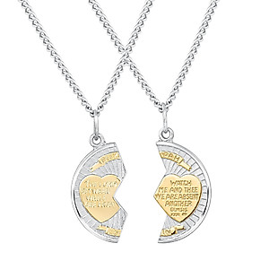 Men's Or Women's Mizpah Two-Tone (925 Sterling Silver & Sterling Silver W/ Gold-Tone Accents) Breakaway (Two Halves Friendship Necklace) Medallion Pendant Necklace W/ 20" & 24" Inch Stainless Steel