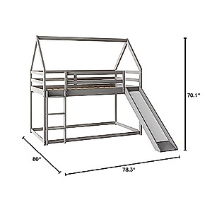 Twin Size Bunk House Bed with Convertible Slide and Ladder,Twin Over Twin Wooden Bed Frame with Guardrails for Kids Teens Girls Boys,Gray