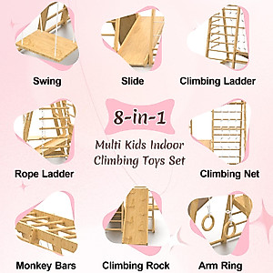 Baby Climbing Toys Indoor, 66inch Indoor Jungle Gym, Toddler Indoor Playground Set 8-in-1 with Armband, Swing, Monkey Bar, Slide, Rock Climb Wall, Wood & Rope Ladder, Rope Wall Ladder for Kids 1-8yrs