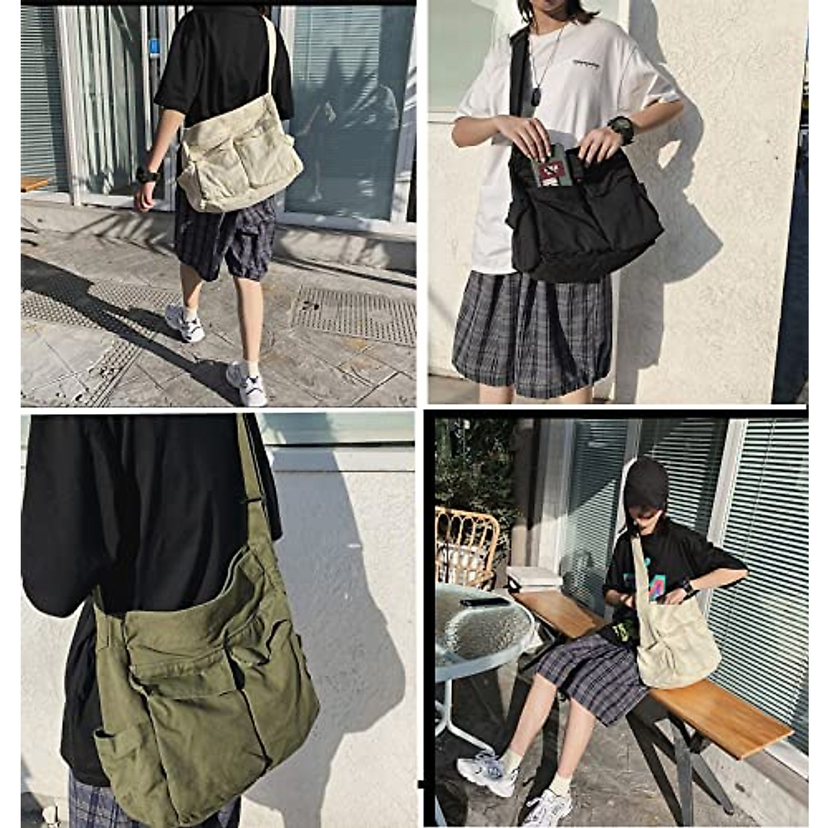 Canvas Messenger Bag Large Hobo Tote Crossbody Bag Retro Shoulder Bag for Women Teen Girls with Multiple Pockets