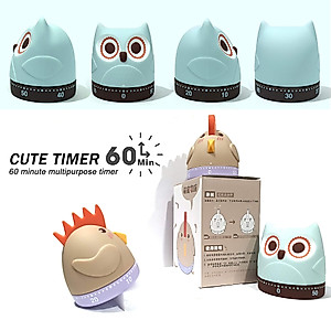 Cartoon Owl Chick Mechanical Timers 60 Minutes Kitchen Cooking Timer Clock Loud Alarm Counters Mini Size Manual No Batteries Required, 100% Mechanical - Magnetic Backing, Timer for Study. (Owl)