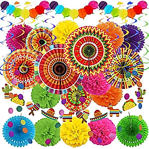 ZERODECO Fiesta Party Decorations, Mexican Party Multicolored Paper Fans Pom Poms Garlands Hanging Swirls for Fiesta Mexican Cinco De Mayo Taco Themed Party Decorations Birthday Party Supplies