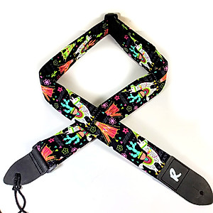 Llama Guitar Strap -Cactus, Genuine Leather Ends, Includes 2 Strap Locks & 1 Pick. Adjustable Strap, For Bass, Electric & Acoustic Guitars Gift for Guitar Players Men, Women & Kids