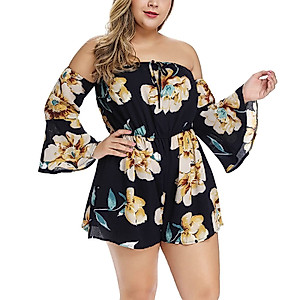 Bravetoshop Women's Plus Size Rompers Boho Off Shoulder Bell Sleeve Summer Floral Print Strapless Shorts Jumpsuit (Black,XXL)