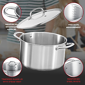 Buttermelt 8 Quart Tri-Ply Stainless Steel Stockpot with Tempered Glass Lid - Exceptional Heat Distribution for Delicious Soups, Stews, and More (8 QT, Glass Lid)