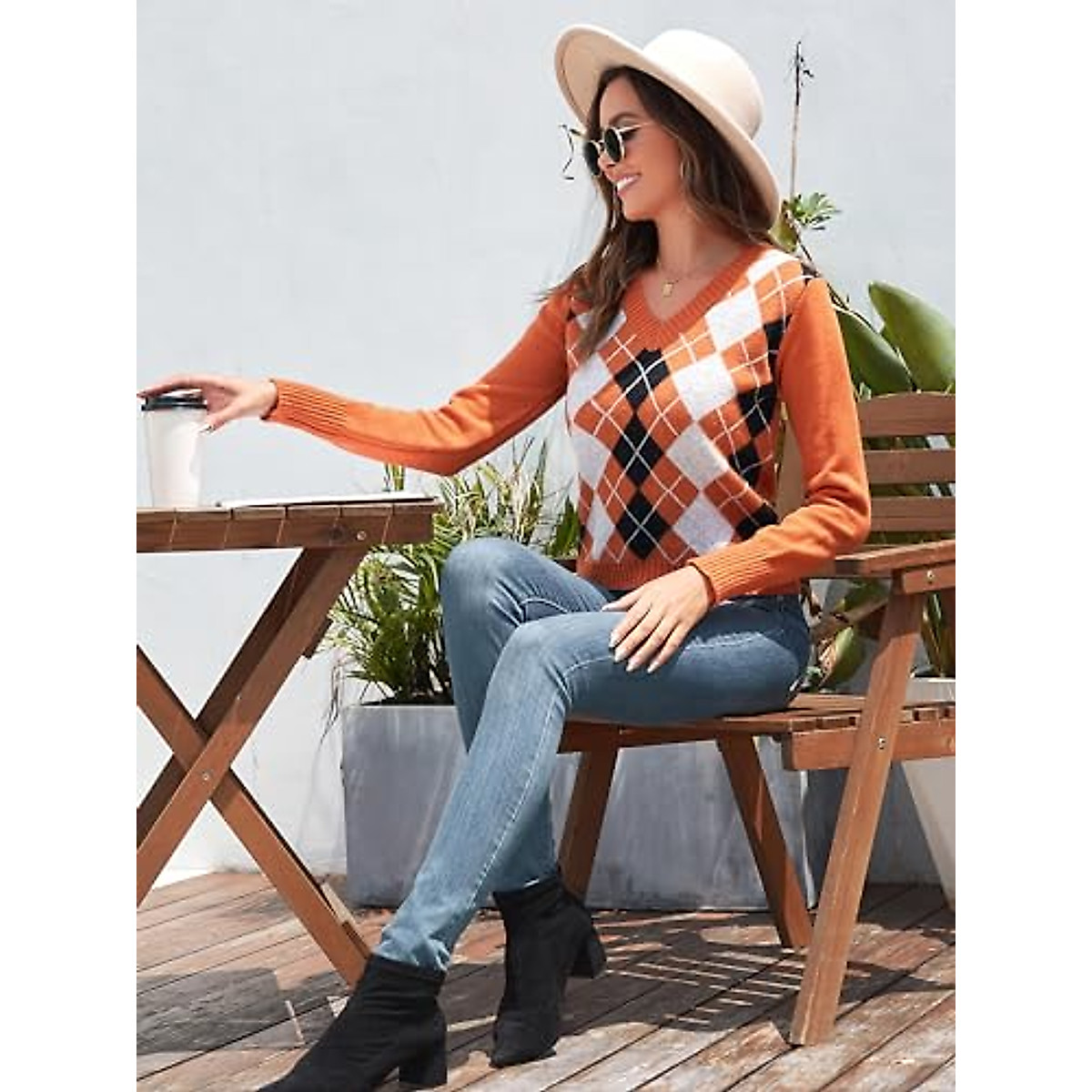 ZAFUL Women's Argyle Sweater V-Neck Cropped Sweater Long-Sleeve Plaid Sweater Pullover Jumper Knit Top (1-Orange,S)