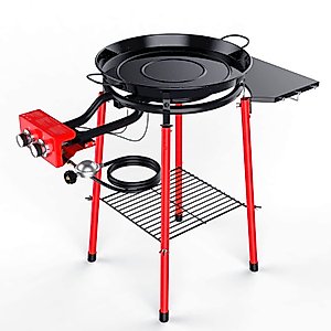 GRISUN Paella Pan, Paella Burner and Stand Set, Paellera Set, 24 Inch Enameled Paella Pan Set, with Built-In Ignitor, Regulator Hose, Carry Bag, Durable Legs with Bottom Shelf, Side Shelf(19 Servings)