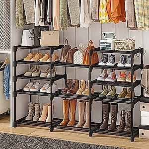 Raybee 9 Tier Shoe Rack for Entryway 35 Pairs, Stackable Metal Shoe Rack for Closet, Sturdy Shoe Organizer for Entryway Closet, Shoe Shelf Closet Shelf Organizer with 4 Hooks, 55.6"x34.6"x12.2"