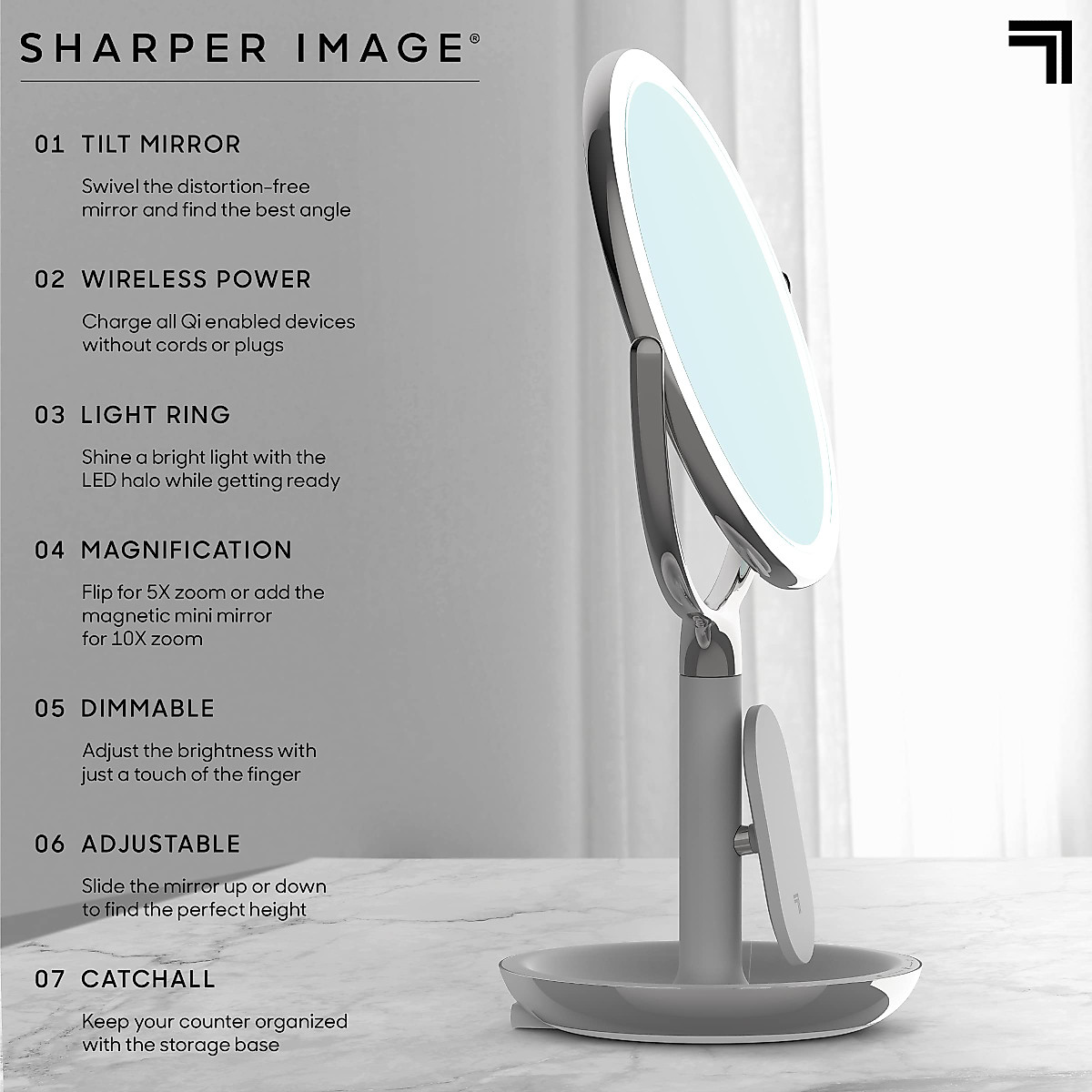 Sharper Image® SpaStudio™ 8” Vanity Mirror - Wireless Qi Charging Pad, Dimmable LED Halo Light Ring, 10X & 5X Magnification, Cosmetic Makeup Skincare Essential, Aesthetic Room Desk Decor Storage