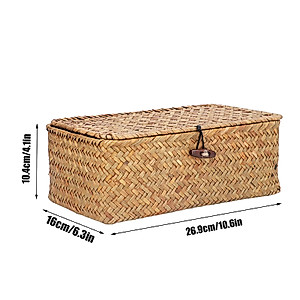 CHICIRIS Seagrass Basket with Lid, Wicker Storage Basket with Lid Hand Woven Rectangular Shelf Organizer Box Organizing Bin for Home Living Room Bedroom (Caramel) (M)