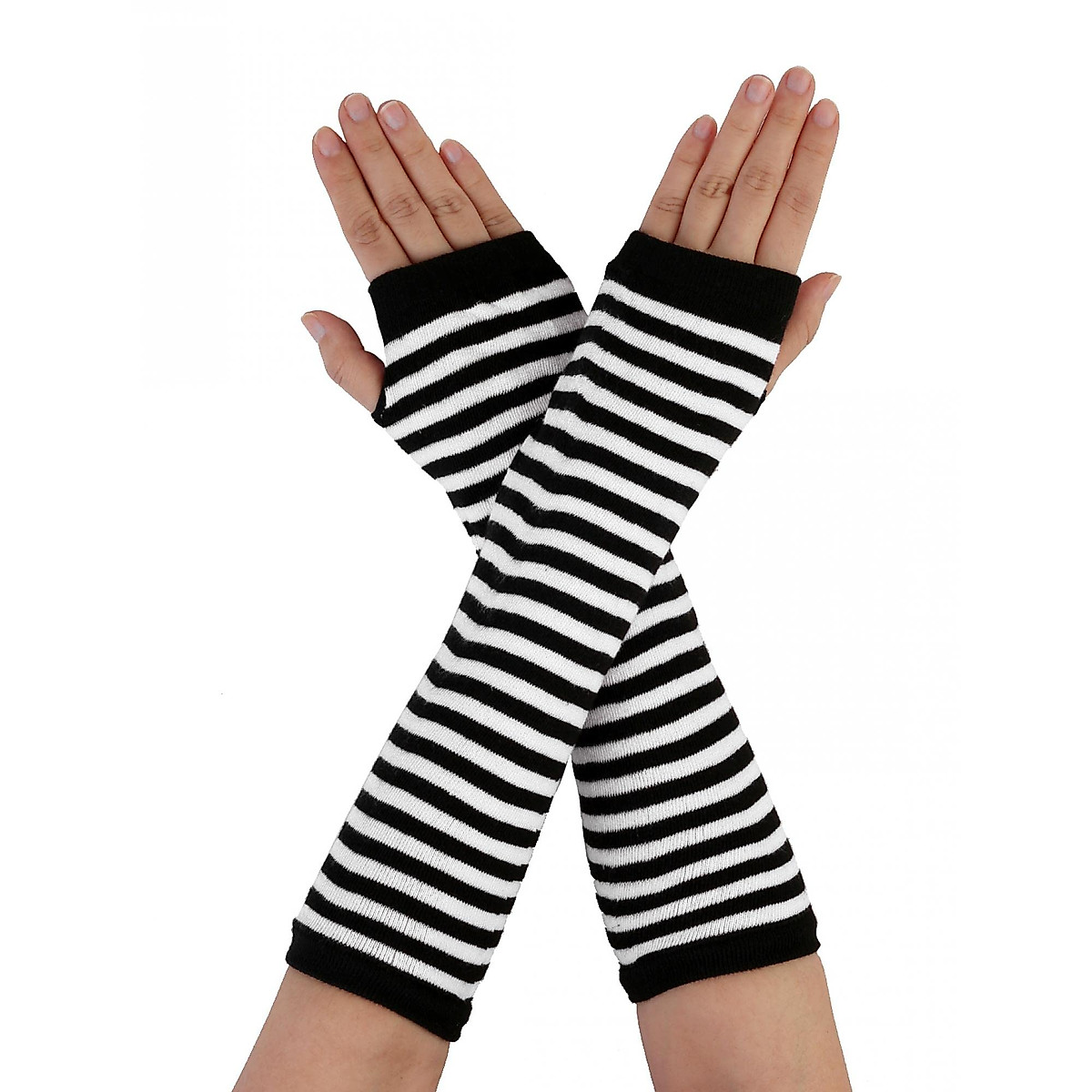 Allegra K Women's Fingerless Gloves Printed Elbow Length Knitted Arm Warmers One Size Black-White