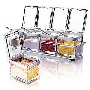 Acrylic Seasoning Box Set, 4 Piece Clear Seasoning Rack Spice Pots, Premium Quality Storage Container Condiment Jars for Spice Salt Sugar Cruet Kitchen Organization Containers with Cover and Spoon