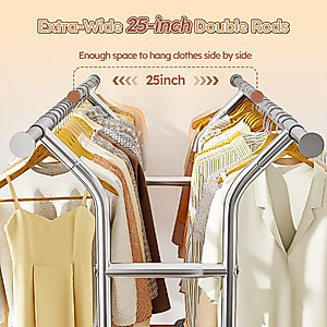 Raybee Clothes Rack Heavy Duty Clothing Rack with Wheels Load 630lbs Clothing Racks for Hanging Clothes Rolling Clothes Rack Adjustable Garment Rack Commercial Portable Clothes Rack 74" Wx 25" Dx70 H