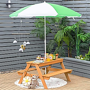 HONEY JOY Kids Picnic Table, 4 in 1 Cedar Wooden Sand & Water Table w/ 2 Removable Box & Umbrella, Kids Picnic Tables for Outdoors Backyard Garden, Toddler Patio Furniture Set for Boys Girls(Natural)