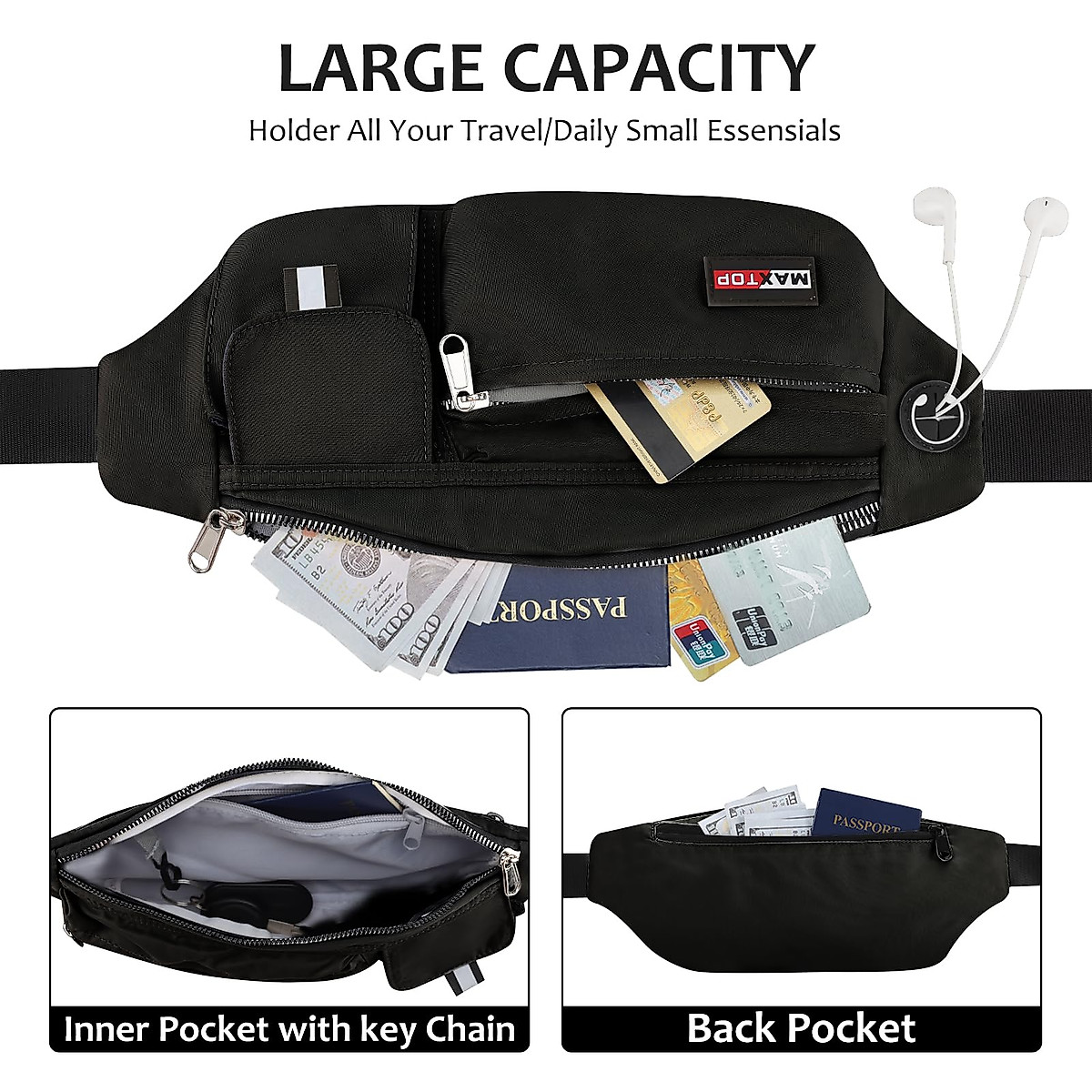 MAXTOP Large Crossbody Fanny Packs for Men Women Black Running Travel Belt Fashionable Waist Pack,Passport Bag for Yoga Gym Jogging Workout Fitness Exercise Dog Walking,Gift for Runner