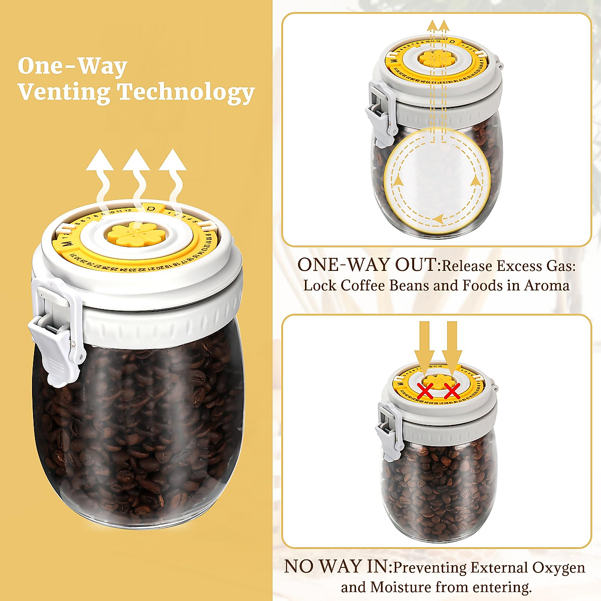 Airtight Glass Coffee Canister,Airtight Glass Jars,Glass Fermentation Jar Pickle Jar,Wide Mouth Jar with One-way Venting Lid for Canning Cereal,Spice,Sugar,Fermenting,Pickling Cucumber,Fluid Ounce 25