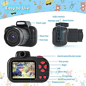 CIMELR Kids Camera, Digital Camera for Kids 6-12 Year Old Boys/Girls, 2.4 inch IPS Screen Toddler Camera, Christmas Birthday Gifts for Kids, Video Camcorder with Fill Light, 32GB TF Card (Black)