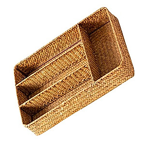 Zerodeko Rattan Flatware Tray Kitchen Utensil Drawer Organizer Wicker Serving Basket Flatware Cutlery Organiser Tray Farmhouse Woven Cutlery Forks Holder Dividers