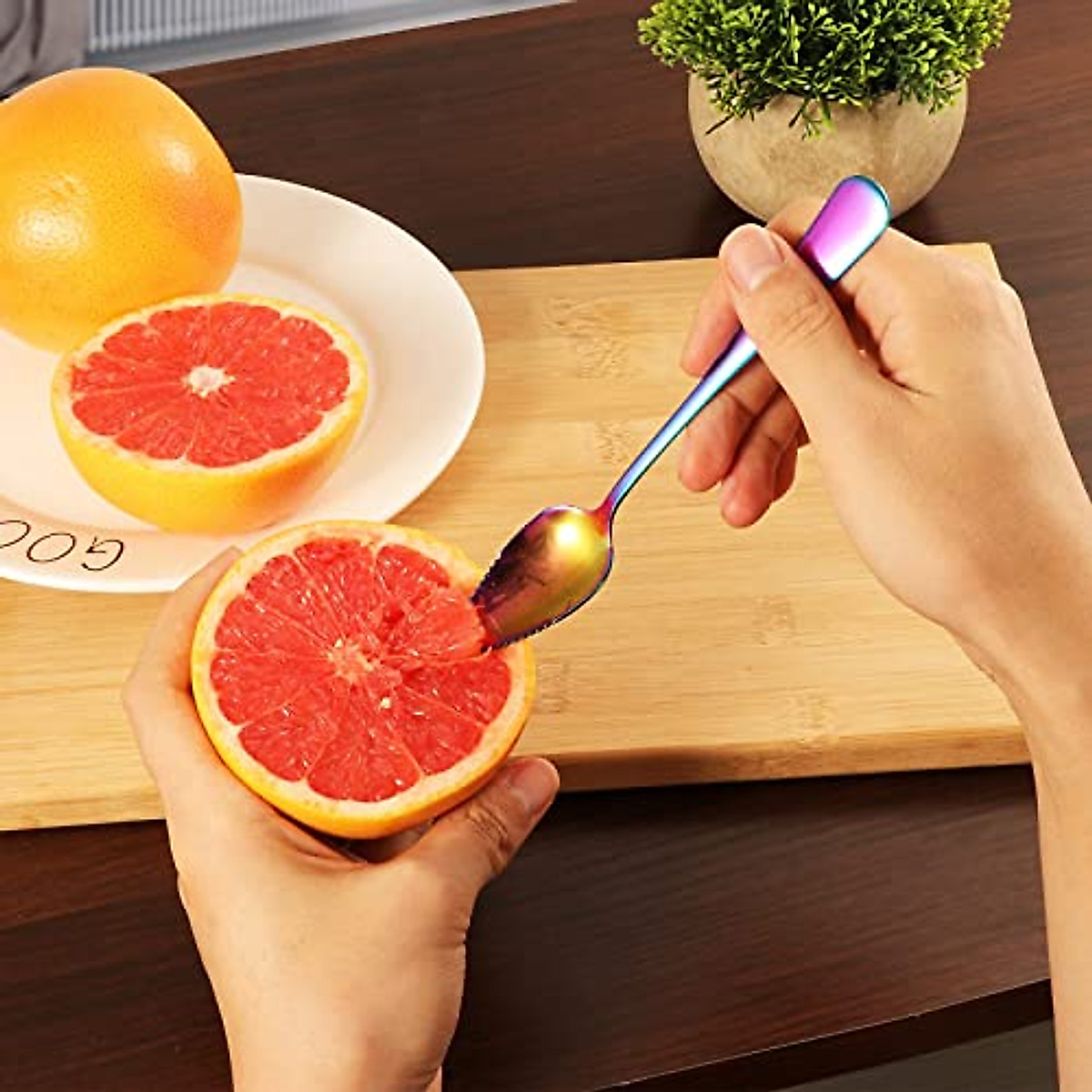 Grapefruit Spoons & Grapefruit Knife, Stainless Steel Grapefruit Utensil Set, Serrated Edge & Thick Gauge Handle, Rainbow Kitchen Tool with Non-stick Plating for Kiwi, Dessert, Apple (5 PCS)