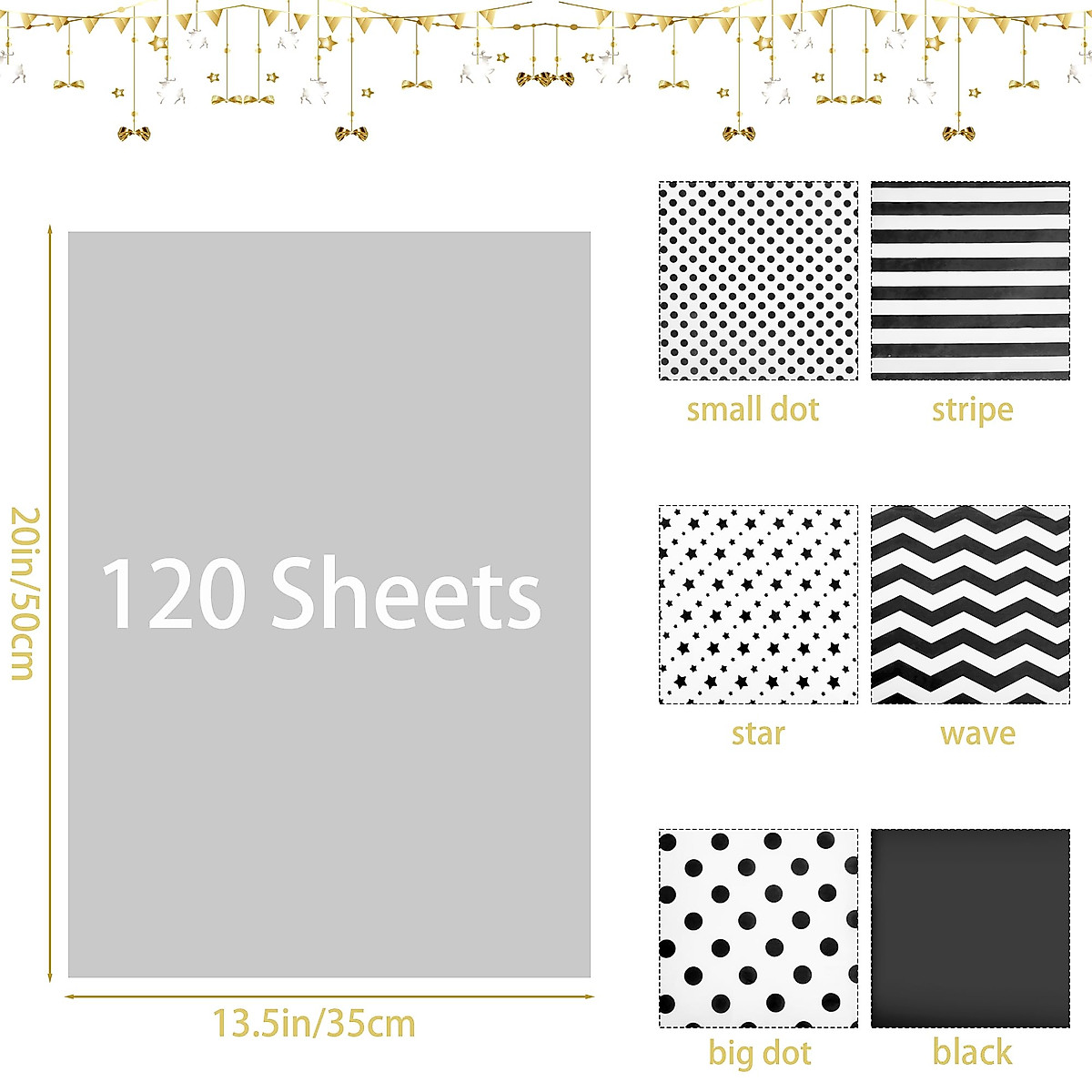 Offizon 120 Sheets of Black Wrapping Tissue Paper for Women, 13.5x20 Inches DIY Gifts Wrapping Paper, Wrapping Tissue for Holidays and Birthdays (35x50cm)