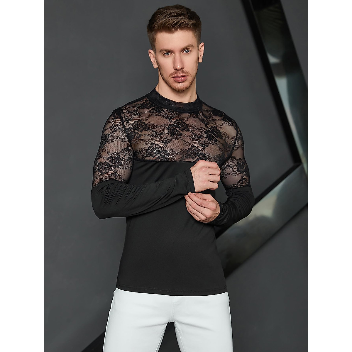 WDIRARA Men's See Through Floral Lace Mock Neck Long Sleeve Casual Tee Shirt Top Black XL