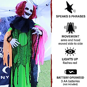Haunted Hill Farm 5.8 ft. Animatronic Clown, 5 Voice Greetings, Touch Activated, Flashing Red Eyes, Battery-Operated, Halloween Decoration, Multi